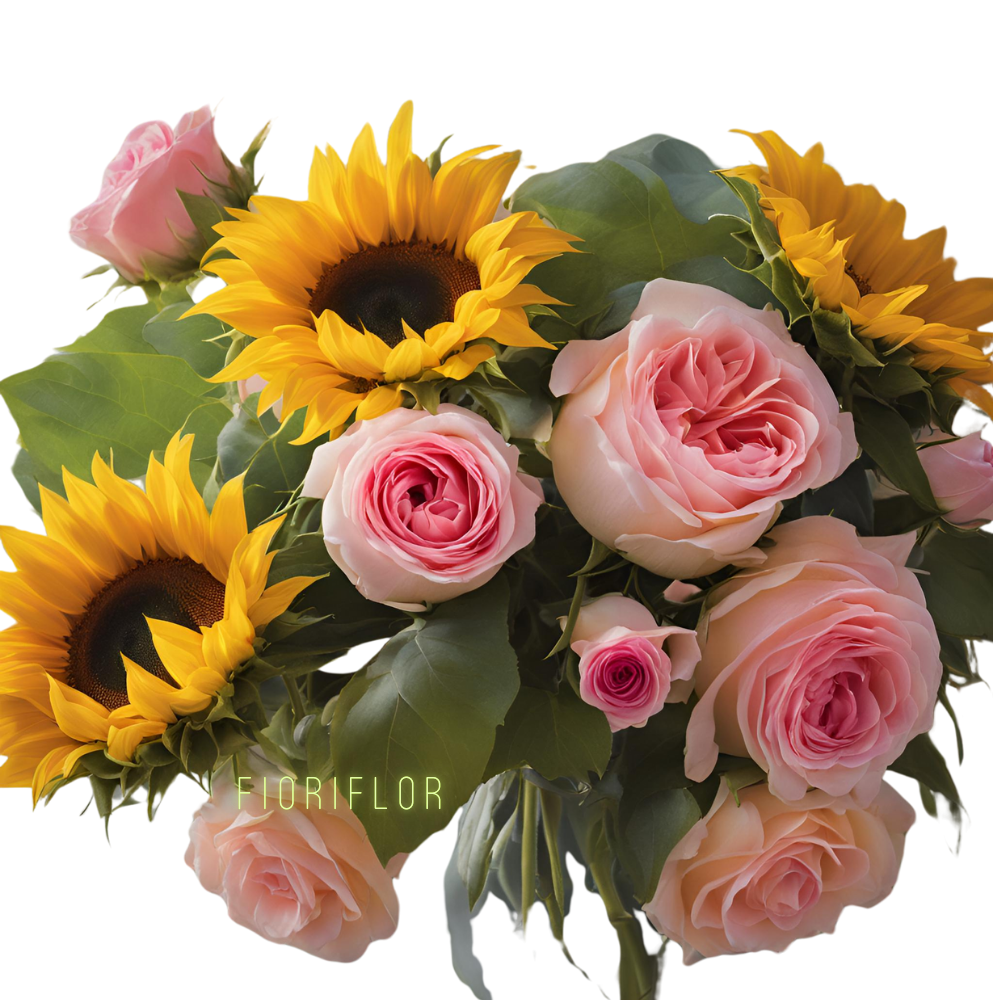 Bouquet with Sunflowers and Pink Roses